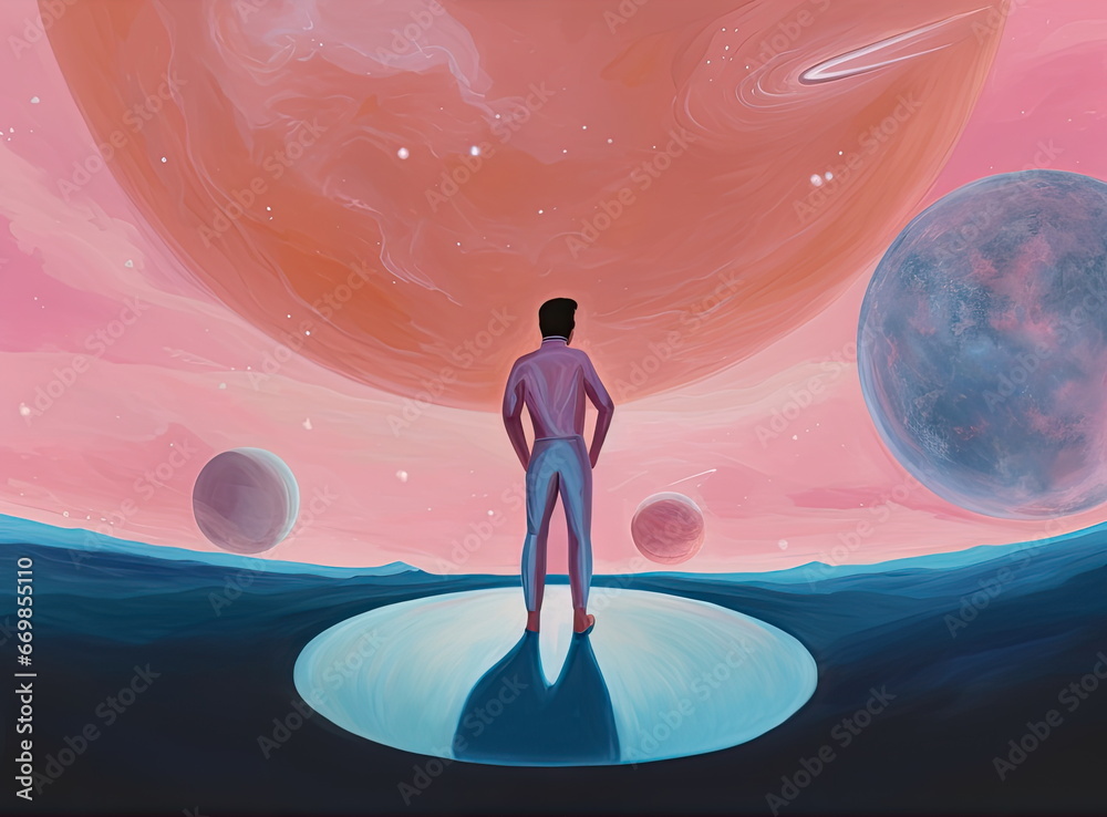An illustration of a lonely space traveler looking at planets in space ...