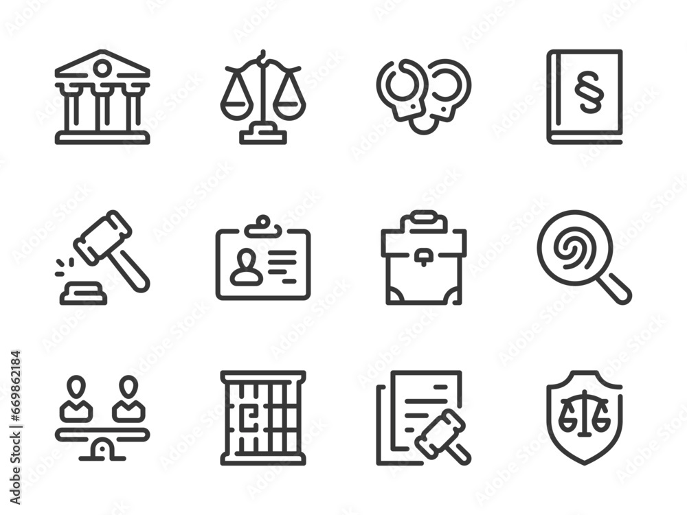 Law and Justice vector line icons. Judgment and Legislation outline ...