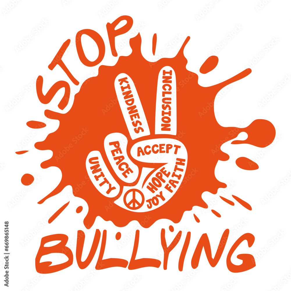 Stop Bullying design with peace hand sign silhouette and ink blot for ...
