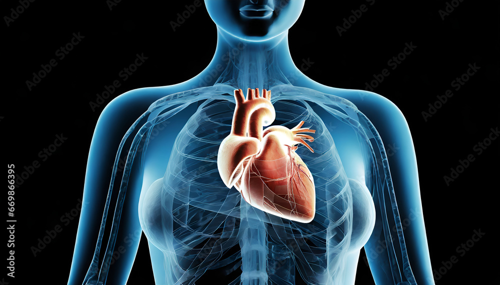 Female anatomy of the human heart system in x-ray. 3d rendering and ...