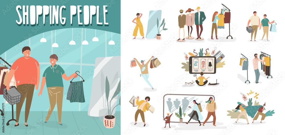 Scenes of people buying clothes in a fashion store or boutique. Women ...