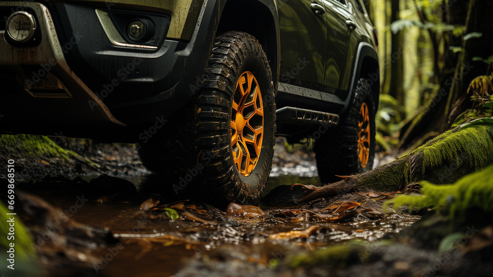 A big wheel of the 4x4 off-road car driving on terrain route in the ...