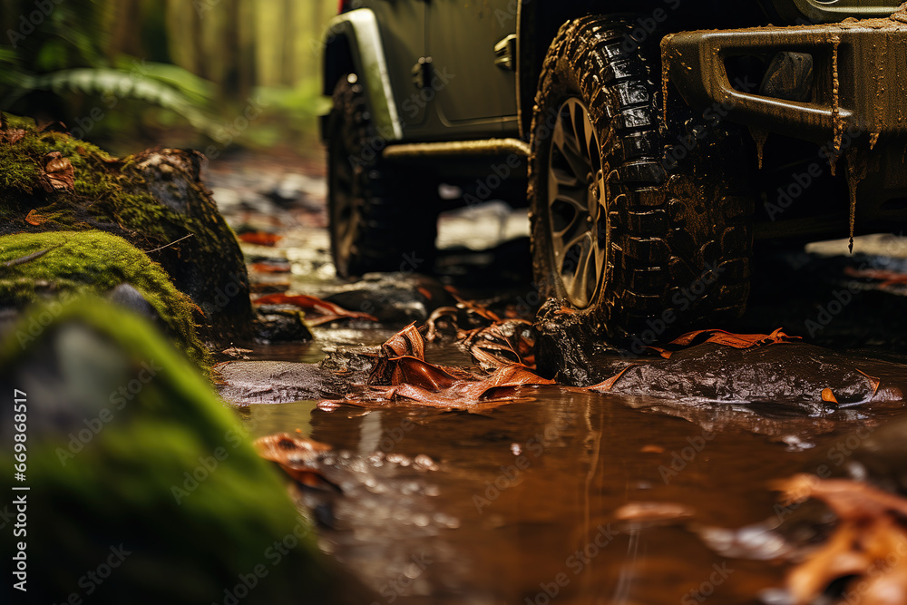 A big wheel of the 4x4 off-road car driving on terrain route in the ...