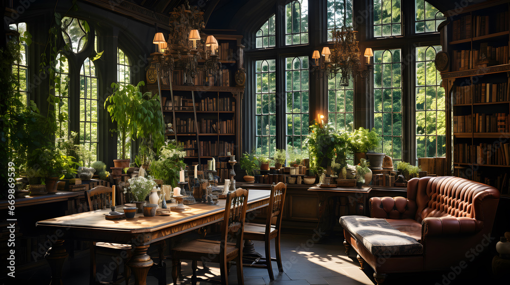 A library interior with high ceilings and grand architecture. vintage ...