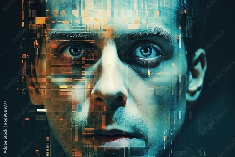 Abstract male portrait with glitch and disintegration effects ...