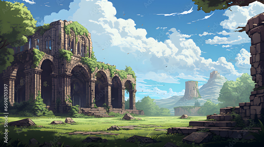Ancient ruins in a dramatic natural setting. Illustrated background ...