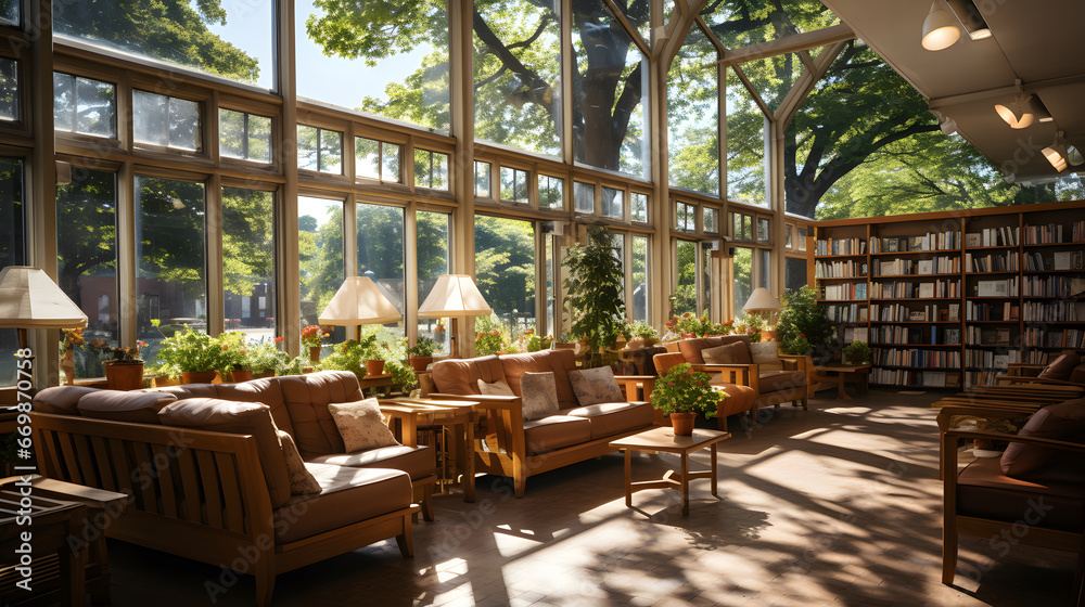 A library interior with large windows and reading chairs. Classical ...