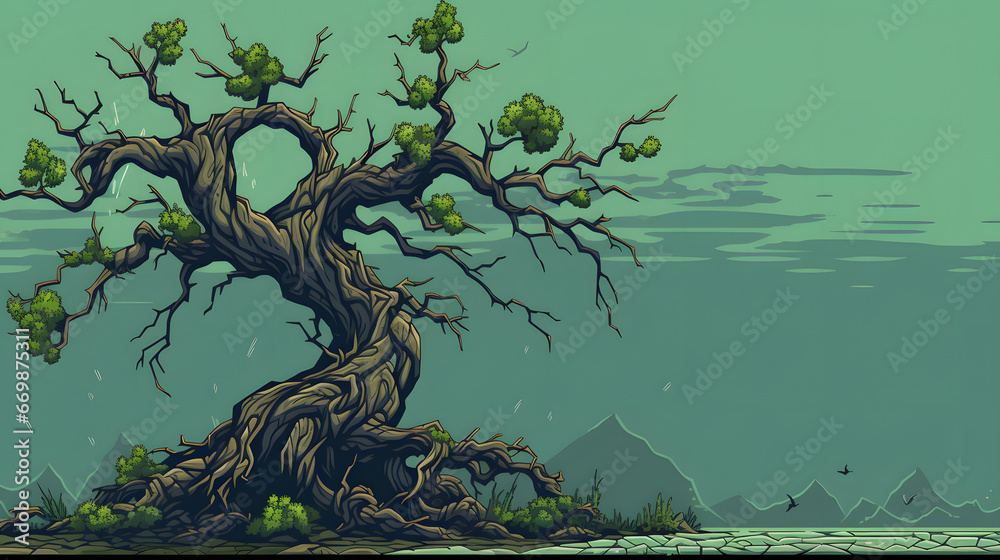Ancient tree with twisted branches. Illustrated background. Concept for ...
