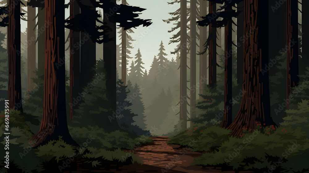 Path through a forest of tall redwoods. Illustrated background. Concept ...