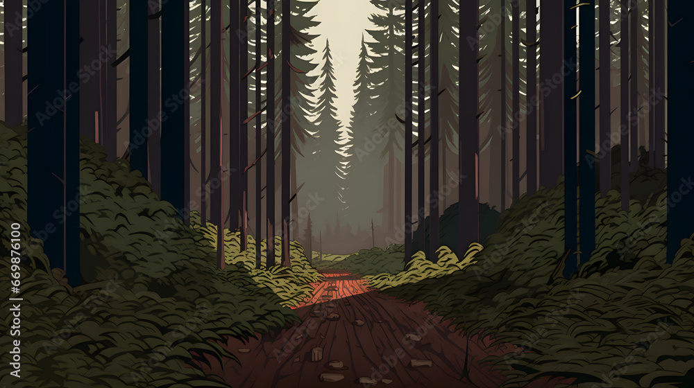 Path through a forest of tall redwoods. Illustrated background. Concept ...