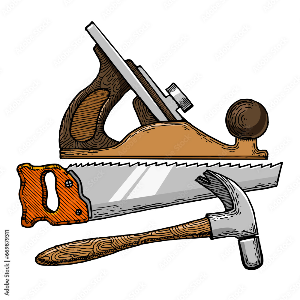 Carpentry tools hand drawn color sketch engraving vector illustration ...