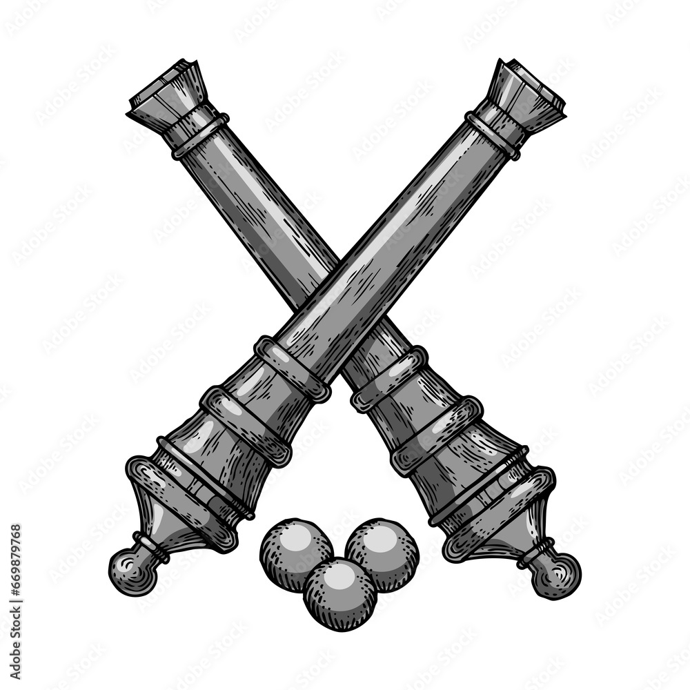 Vintage cannons and cores line art hand drawn color sketch engraving ...