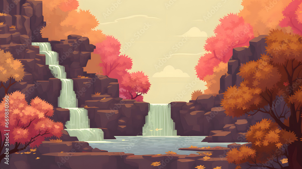 Waterfall surrounded by fall foliage. Illustrated background. Concept ...