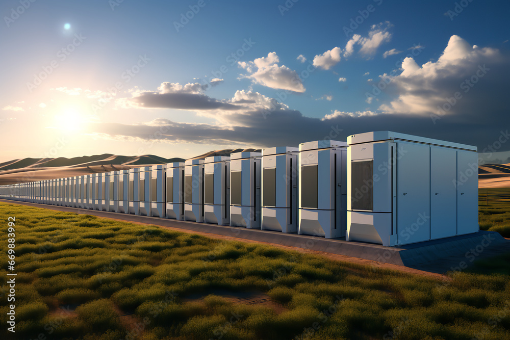rows of advanced battery units store energy, representing the future of ...