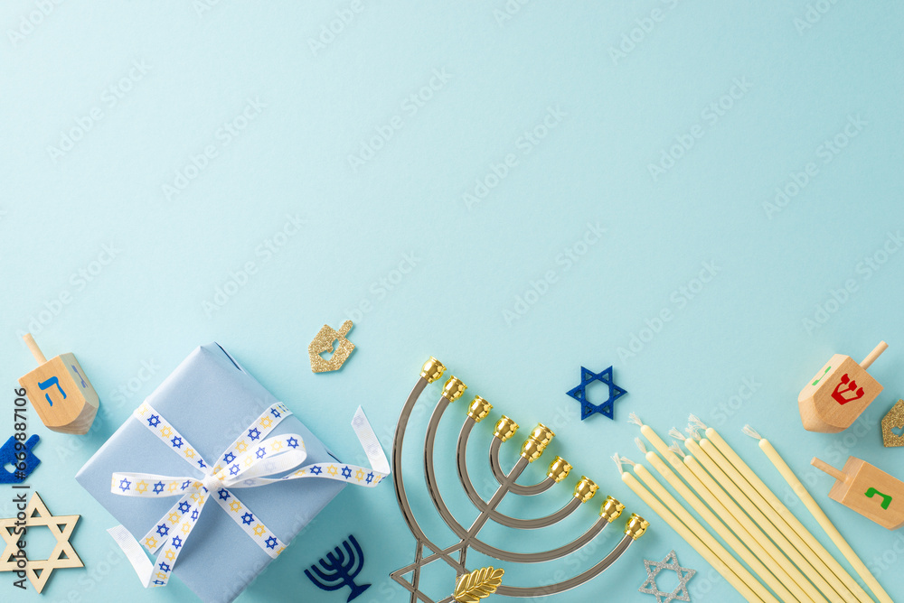 Jewish Tradition: Overhead view of menorah, Star of David symbols, gift ...