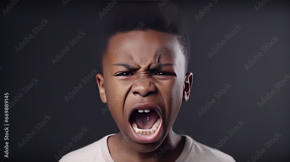 Angry irritated African American boy on a dark grey background. Full of ...