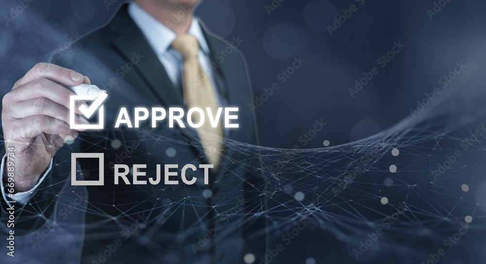 Approve concept. businessman touching check mark to approval document ...