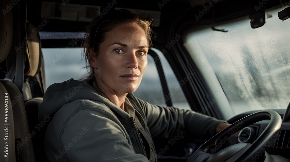 Female truck driver. Professional woman who drives cargo vehicles with ...