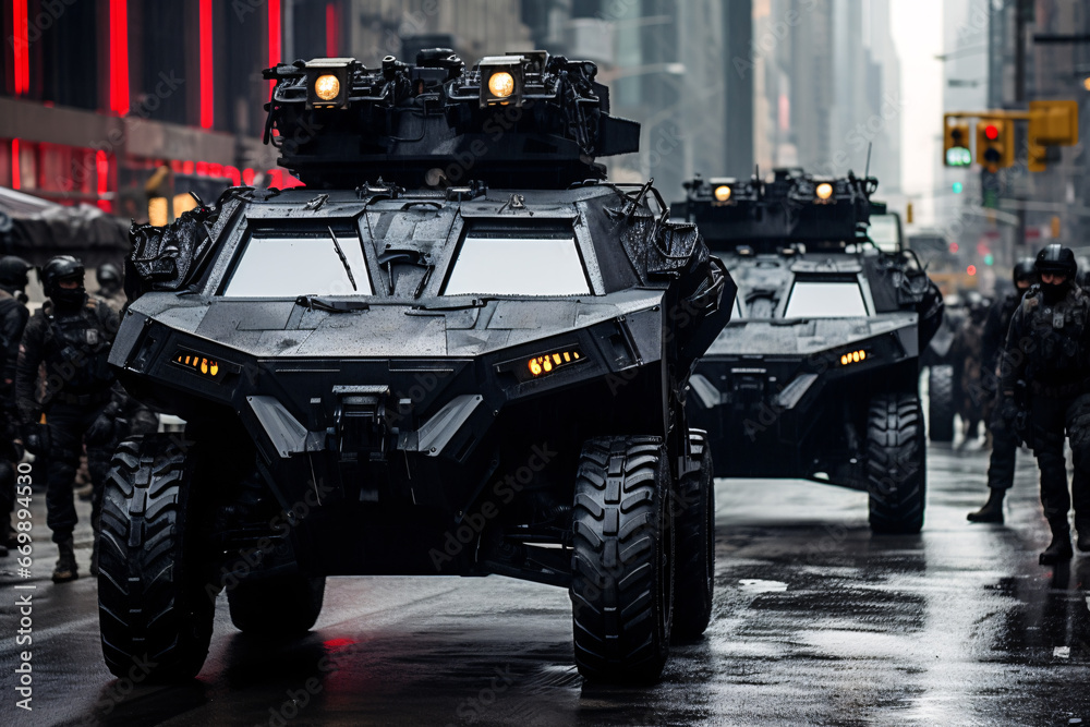 Armored Vehicles and Police in Riot Gear in Dystopian New York City ...