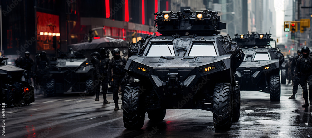 Armored Vehicles and Police in Riot Gear in Dystopian New York City ...