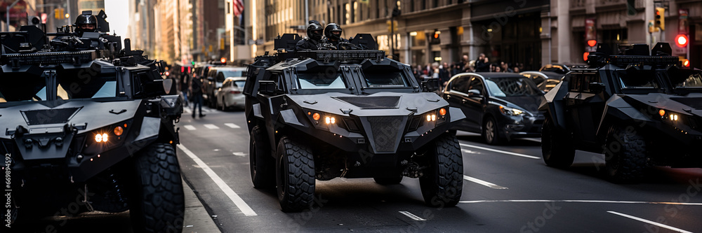 Armored Vehicles and Police in Riot Gear in Dystopian New York City ...