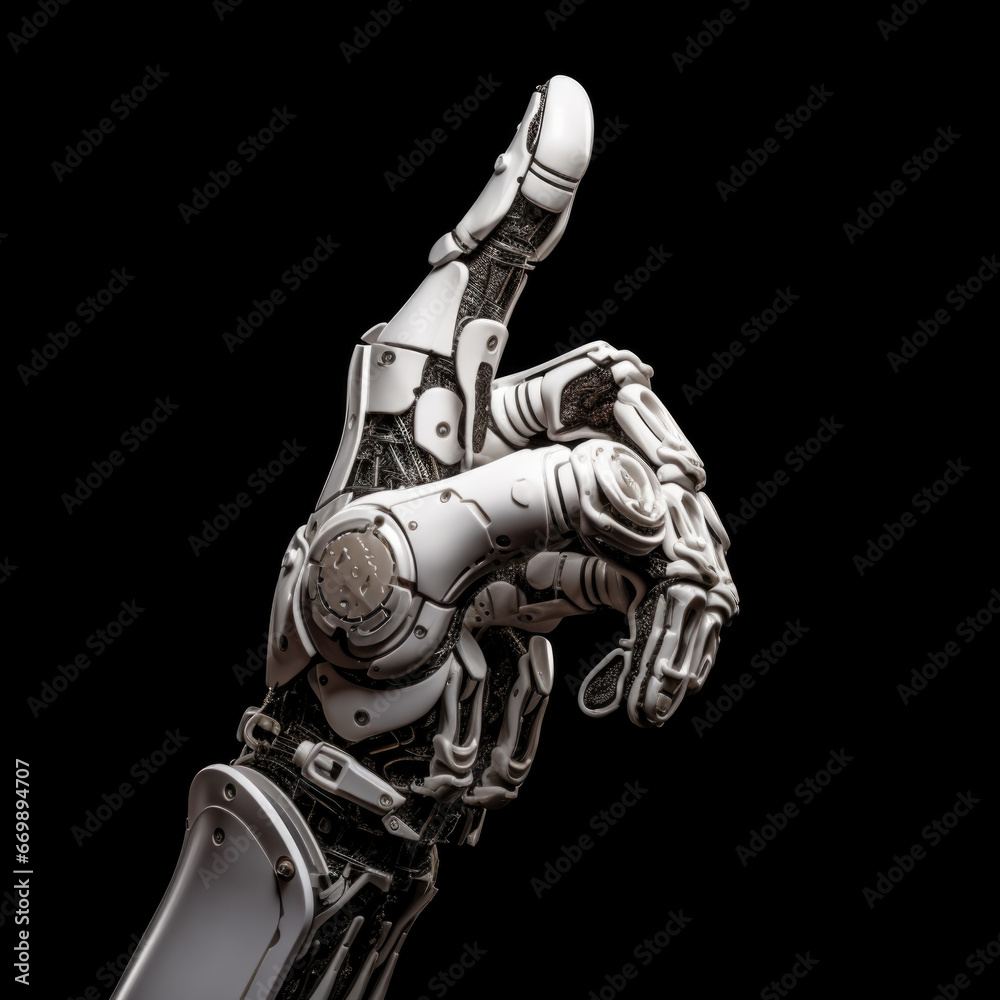 Robot hand finger making contact or pressing something on dark isolated ...