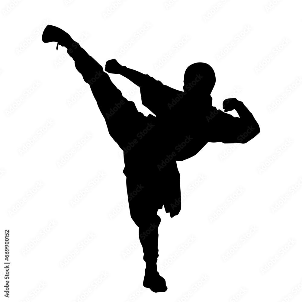 Silhouette of a shaolin monk doing a martial art kick pose. Stock ...