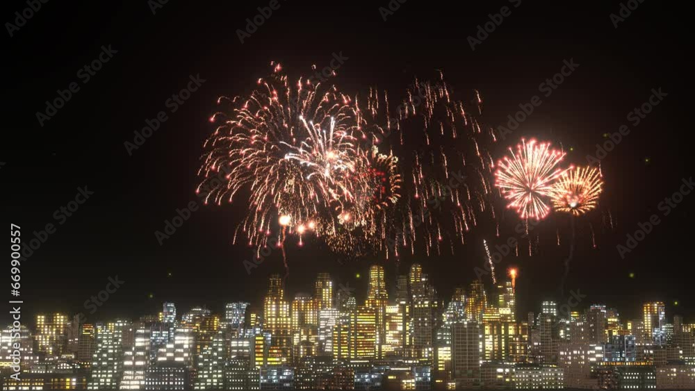 fireworks explosions above city at night on black background with ...