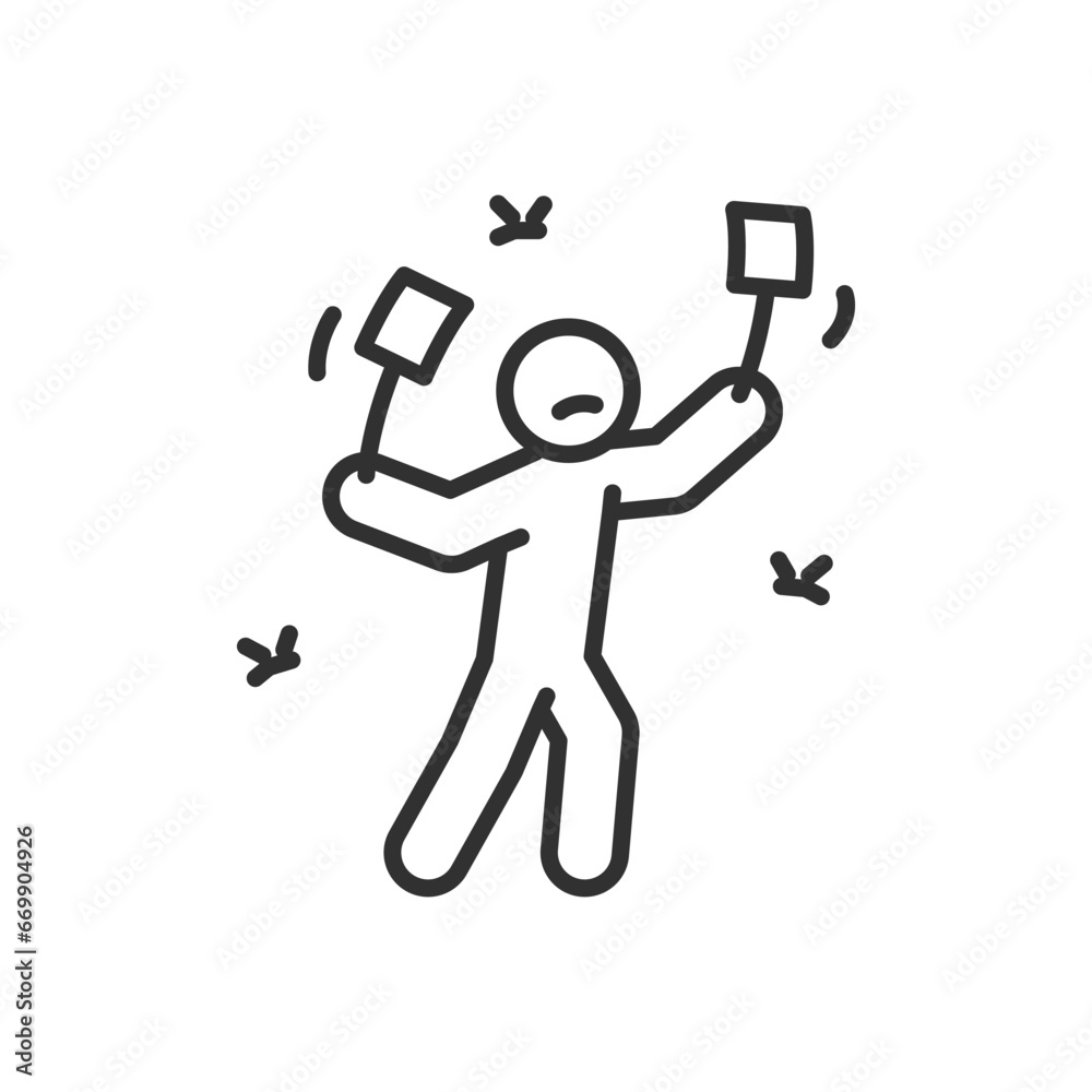 Man trying to kill insects, linear icon, man with fly swatter trying to ...