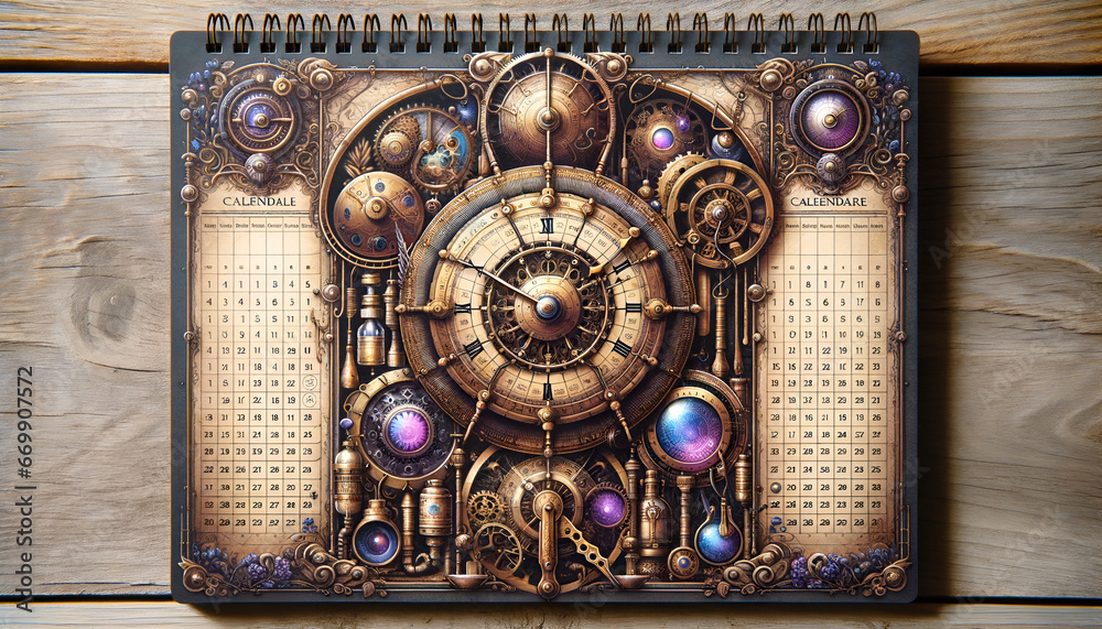 Calendrier steampunk élaboré avec engrenages dorés, éléments mécaniques ...