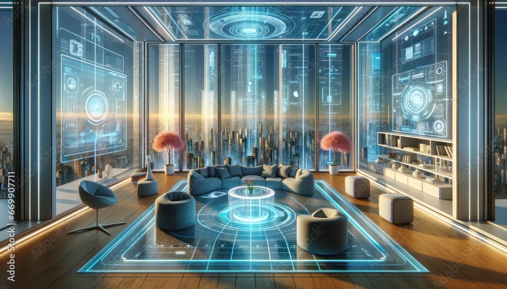 A futuristic living room with an indoor window, adorned with art and a ...