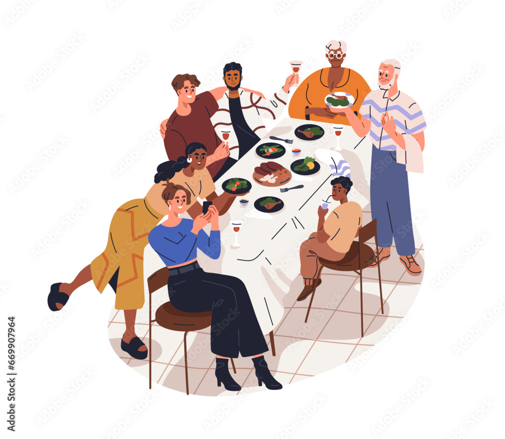 Family gathering together at dinner table. Happy old and young people ...