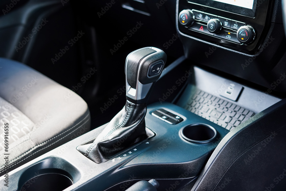 automatic transmission shift selector in the car interior. Closeup a ...