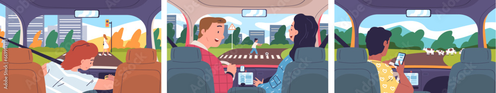 Distracted driving. Distraction busy driver with smartphone not look ...