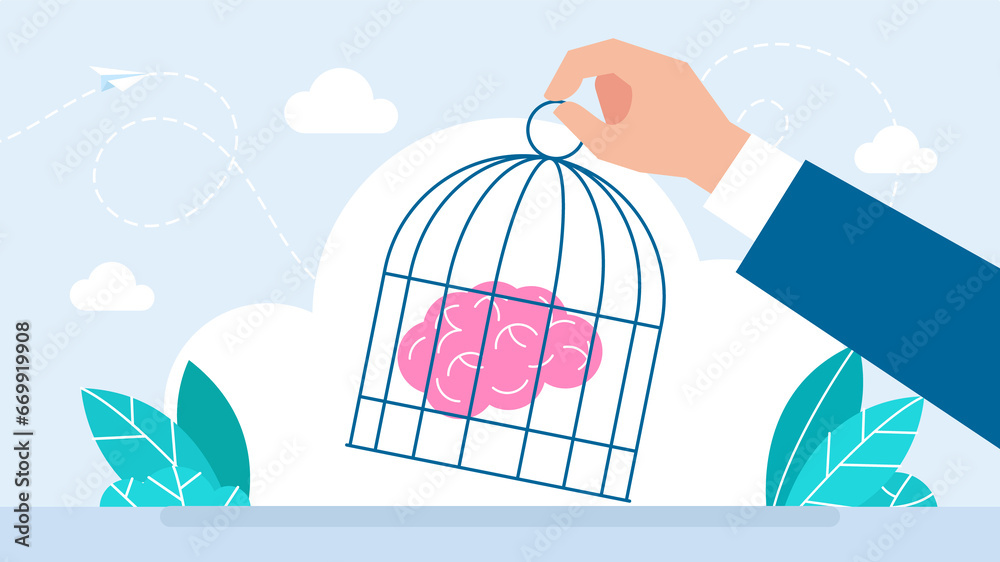 Freedom from templates. Brain locked in cage. Hand lifts cage from ...
