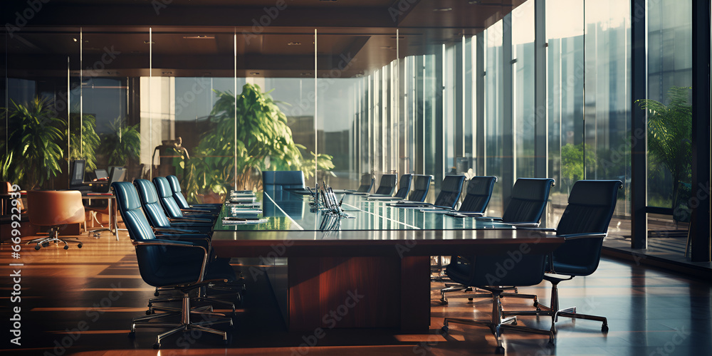 Large meeting table in bright conference room with expansive city view ...