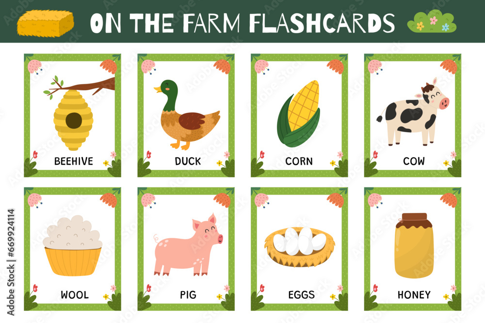 Farm flashcards collection with cute characters. Flash cards set for ...