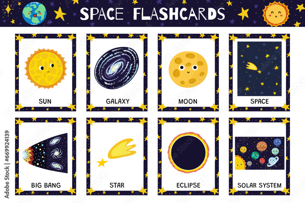 Space flashcards collection with cute characters and cosmic elements ...