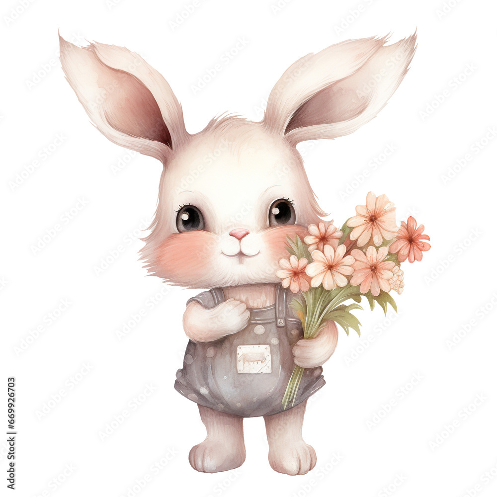cute easter bunny with flowers, isolated on a transparent background ...