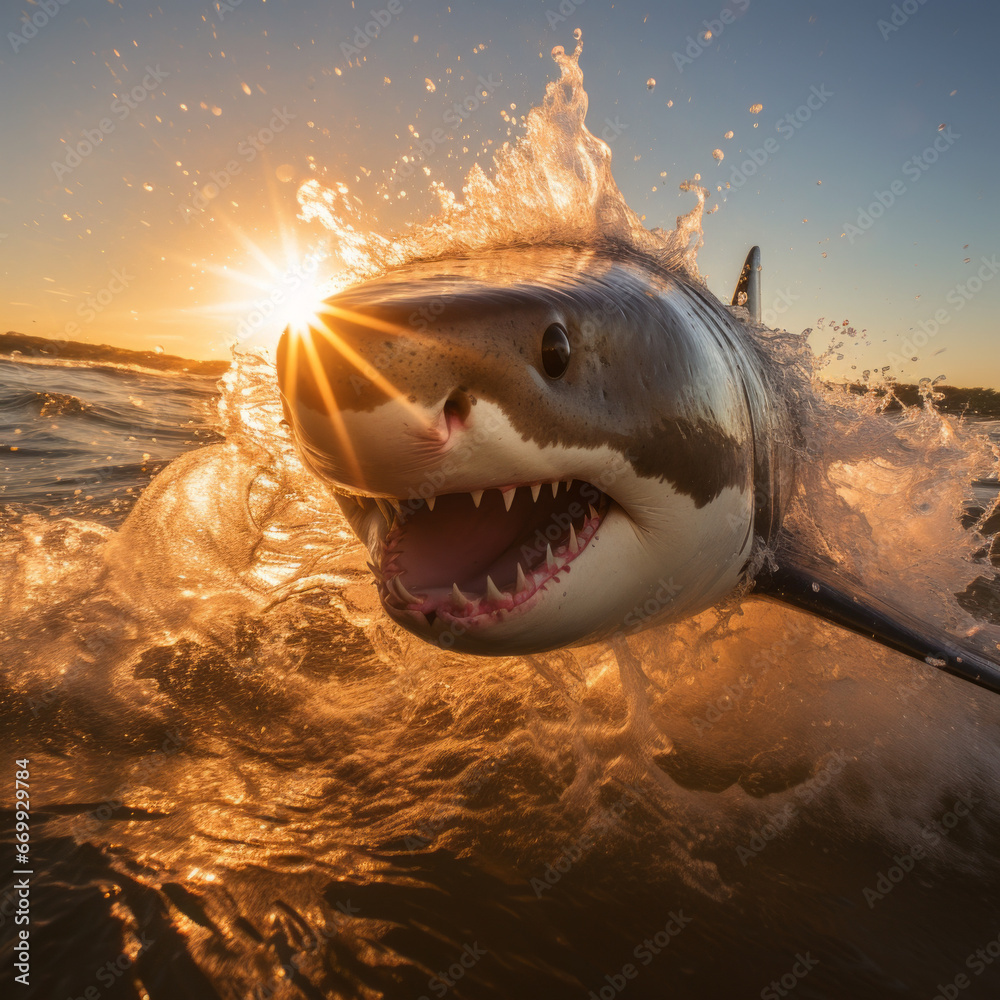 Ferocious great white shark breaching water surface at sunset ...