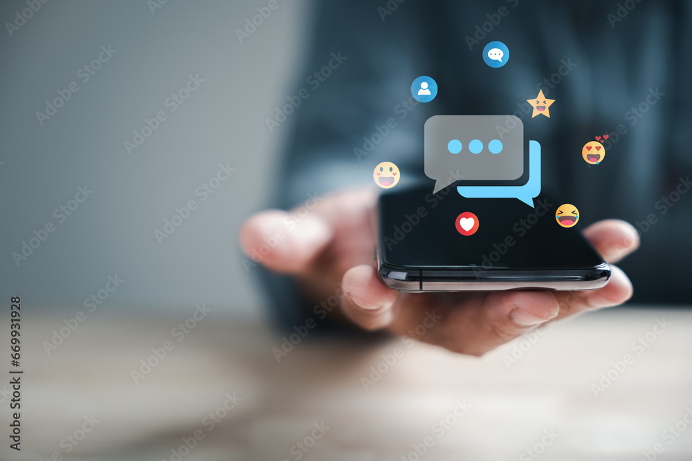 Connected through technology man on phone chats live, discussing social network concepts. Chat ...