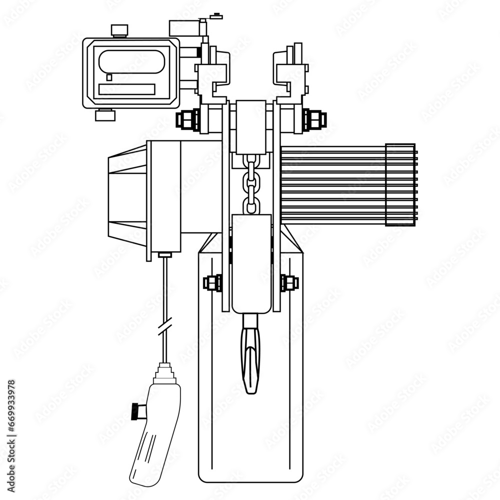 Chain hoist. Schematic drawing. Outline drawing. White background ...