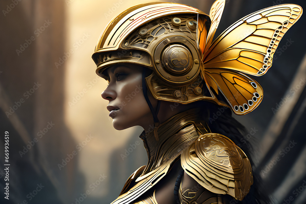 small butterfly a female warrior wearing a helmet sf intricate artwork ...