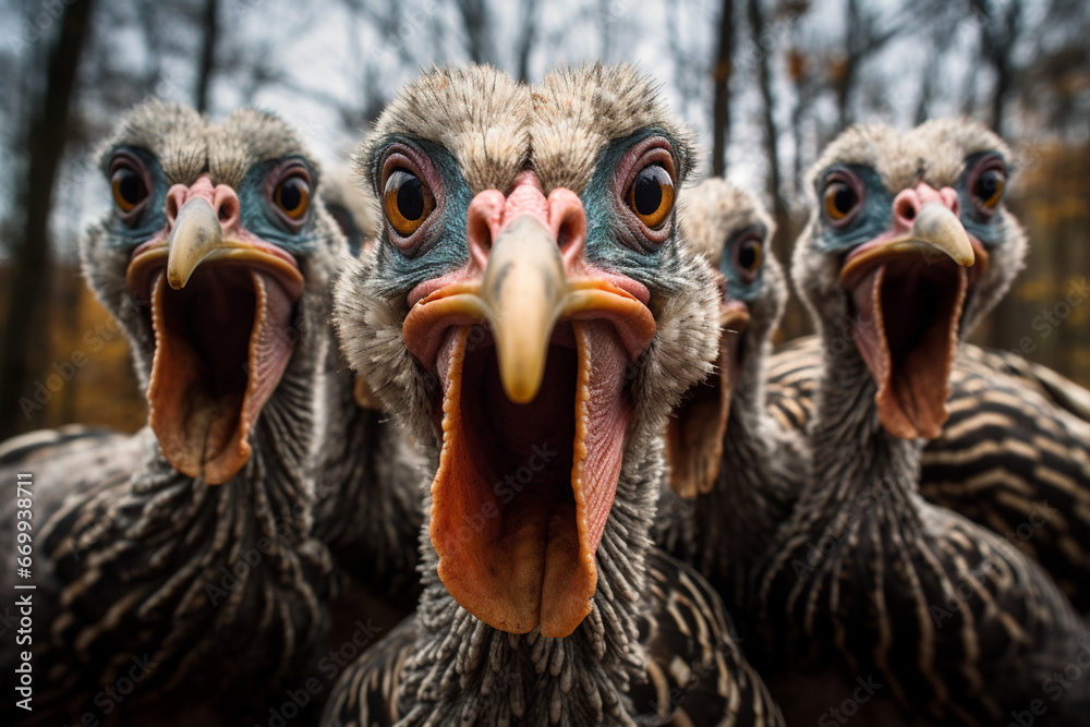 Highly defined photography selfie of a group of thanksgiving turkeys ...
