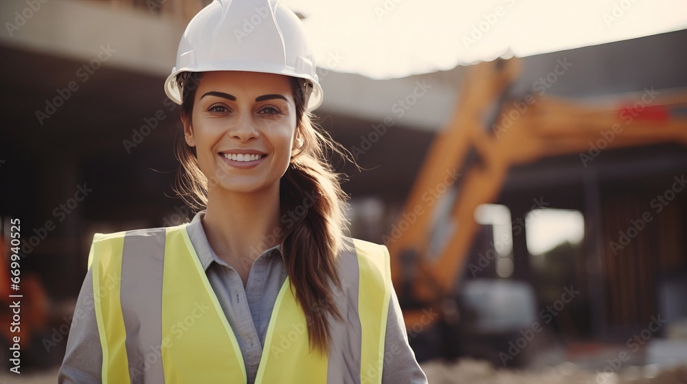 portrait of a smiling young female engineer working at a construction ...