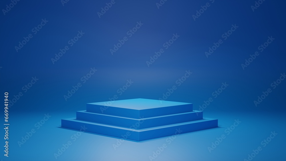 Blank blue stand for showing product 3d render, empty blue background ...