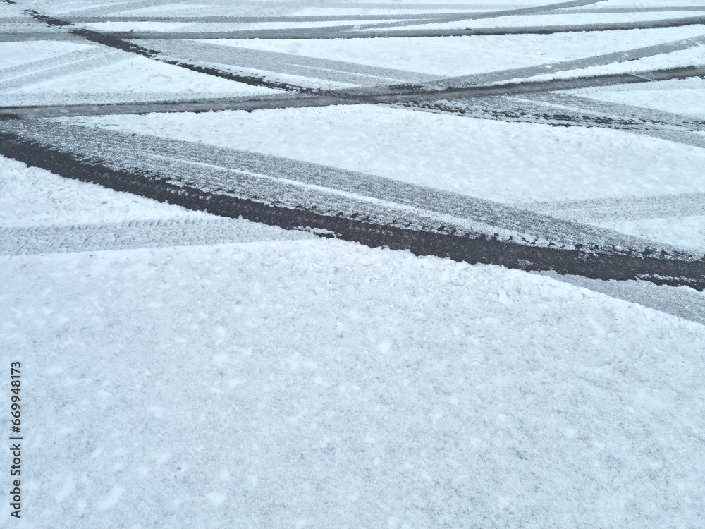 Dynamic car tread marks on the snow. Early winter. Energy and ...