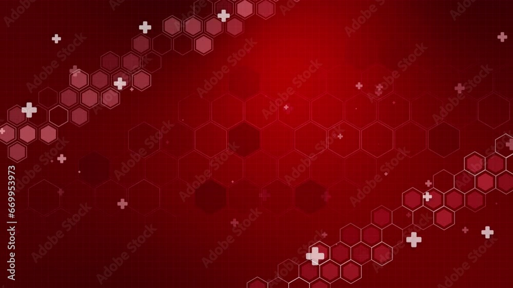 Diagonal frame with stripes of hexagons on a red medical background ...
