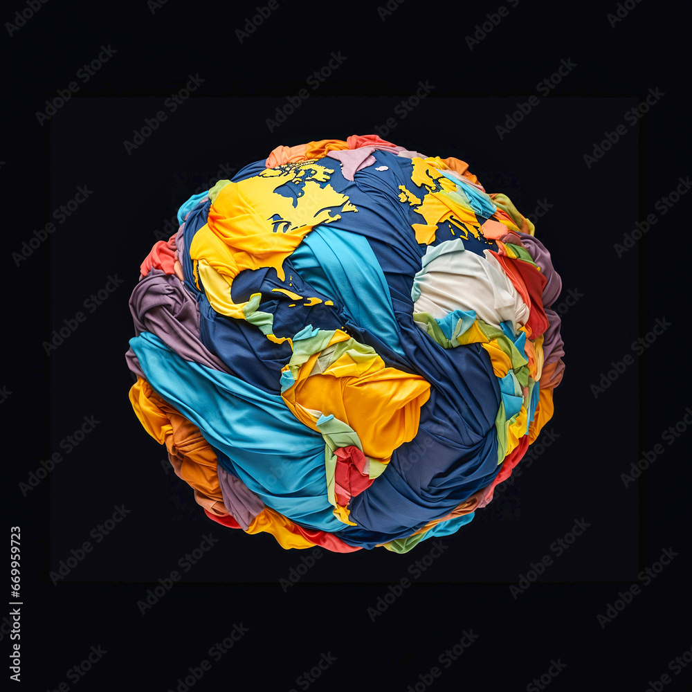 Planet earth made of crumpled and tangled pieces of fabric and clothing ...