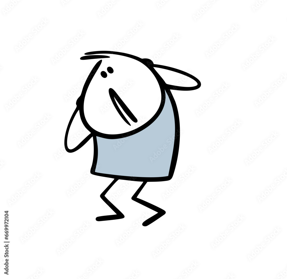 Little stickman boy got scared, covered ears with hands and hides ...